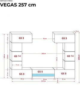 Ral Obývací stěna VEGAS 2, 257 cm - Černý lesk
