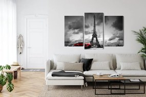 Vícedílný obraz Černobílý Pohled Na Eiffelovu Věž A Retro Auto Nedostatek Nedostatek Přírodní plátno 60x40