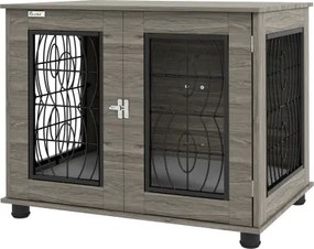 PawHut psí box s ležícím polštářem, do 20 kg / délka těla 50 cm, kov, 80x56x63 cm, šedá / dekor dřeva