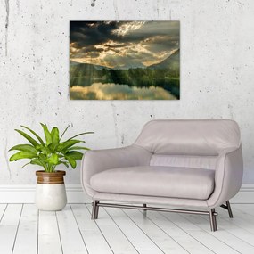 Skleněný obraz jezera s průsvitajícím sluncem (70x50 cm)