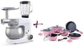 MEGAKOMBO Multifunkční kuchyňský robot BestBerg BBR-1900P + 14dílná sada nádobí s mramorovým povrchem BestBerg BBN-1014P / růžová