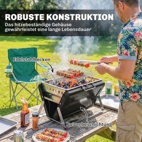 Gril na dřevěné uhlí z nerezové oceli BBQ udírna s grilovacím roštem rukojeť skládací nohy pro grilování kempování 40x28x25,5cm černá