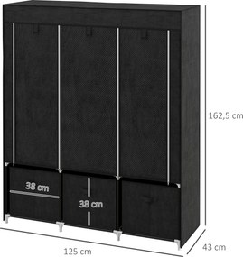 HOMCOM Textilní Skříň s Oblečovým Rálem, Zásuvkami a Zipem, Skládací Skříň pro Ložnici a Šatnu, 125 x 43 x 162,5 cm, Černá
