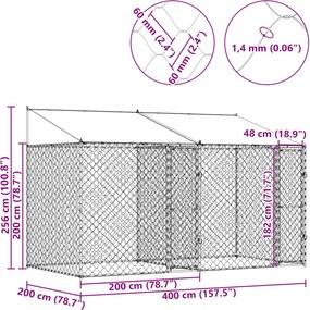 Psí klec s střechou Stříbrná 400 x 200 x 256 cm Ocel a PE 3368298