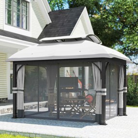 Gartenpavillon, 3,3 x 4 m Gartenzelt mit Netz-Vorhängen, zweistufiges Dach, Kunstleder-Bezug, Metallrahmen, Hellgrau