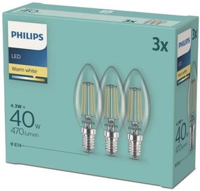 Led žárovka philips led classic 4.3-40w, e14 2700k, 3ks