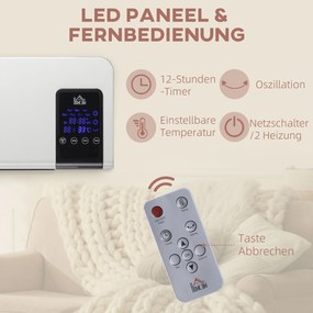 HOMCOM Elektrické topení, nástěnná montáž, oscilační funkce, 2 režimy, časovač, LED displej, bílá