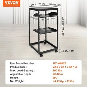 20U serverový stojan s otevřeným rámem, 38,1–101,6 cm