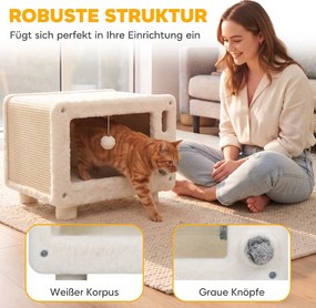 PawHut Kočičí dům ve stylu TV, kočičí jeskyně s houpací sítí a hracím míčkem, škrábací rohož z lnu, pro kočky do 7 kg, 50 x 33 x 42 cm