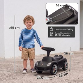 AIYAPLAY Odrážedlo pro děti Porsche odrážedlo s klaksonem, světlem a zvuky motoru, pro 18–36 měsíců, matná černá