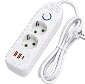 Toolight Toolight, JNH023, prodlužovací lišta 2 zásuvky + 2× USB-A + USB-C, 1,8 m, bílá, OSW-56205