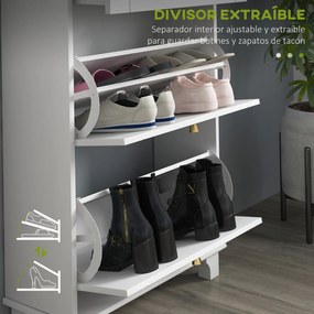 HOMCOM Úzký Botník do Předsíně se 2 Sklápěcími Zásuvkami a 1 Vyndavací Zásuvkou pro 8 Párů Bot 60x23,5x98,5 cm Bílý