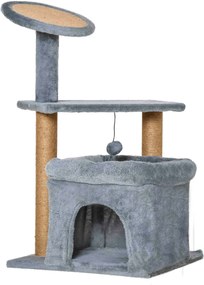 PawHut Kočičí Škrabadlo s Jutovými Sloupky, Domečkem a Polštářem, Plyšové Pokrytí, Výška 84 cm, Šedé | Aosom