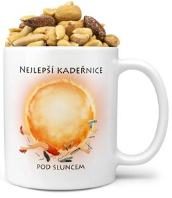 Hrnek Nejlepší kadeřnice pod sluncem (Náplň hrníčku: Směs slaných oříšků)