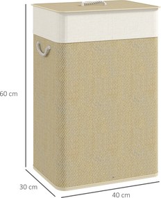 HOMCOM Koš na prádlo s víkem 72L, bambusový koš na prádlo s odnímatelnou vnitřní taškou a úchyty do prádelny, ložnice 40x30x60 cm Přírodní