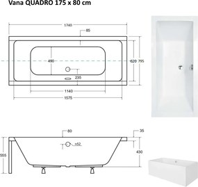 Besco QUADRO 175 x 80 cm VANQAUD175+OLVPINOZ vana vč. nožiček