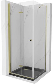 Mexen Lima skládací sprchový kout 80 x 80 cm, Průhledné, Zlatá + sprchová vanička Flat, Černá - 856-080-080-50-00-4070G