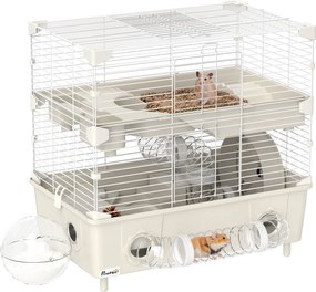 Kotec pro křečky PawHut se 2 patry a 3 dveřmi s kolem, podestýlkou a hracími trubicemi, ocel, PS a PP, 44,5x28x44 cm, krémový a bílý