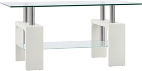HOMCOM 2-úrovňový konferenční stolek, moderní stolek do obývacího pokoje se skleněnou deskou a dřevěnou a ocelovou konstrukcí, 90x50x42cm, bílý | Aoso
