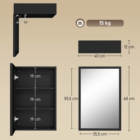 zrcadlová skříňka Kleankin, koupelnová skříňka se 3 policemi, skříňka na léky, nástěnná skříňka do ložnice, černá, 40 x 12 x 60 cm | Aosom