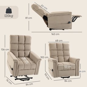 HOMCOM elektrické křeslo pro vstávání, elektrické relaxační křeslo s sametovým potahem a sklopným opěradlem, dálkové ovládání, hnědá