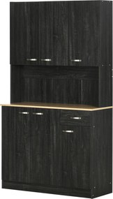 HOMCOM Moderní kuchyňská komoda s bufetem, 6 dveří, 1 zásuvka + Velký pracovní stůl 101L x 39W x 180H cm, černé dřevo