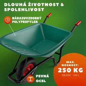 Kolečko GREG s plastovou korbou, max. 100l/250kg, zelená/černá Gardebruk