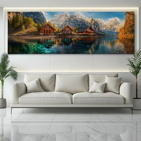 Obraz na plátně - Tři chatky u čistého jezera FeelHappy.cz Velikost obrazu: 90 x 30 cm