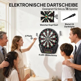 Elektronický šipkový terč HOMCOM s 6 šipkami a 24 šipkovými hlavicemi 27 her 243 možností zásahů 44 x 51,5 x 3,2 cm pro zábavu i soutěže