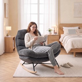 HOMCOM Houpací křeslo z chenille, křeslo k sezení v tureckém sedu s 2vrstvým polštářem, měkkým opěradlem, podnož z kaučukového dřeva, tmavě šedé