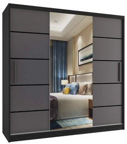 Šatní skříň 200 cm Belini černý mat / šedý mat s posuvnými dveřmi zrcadlem a zásuvkami  MT SZP5/1/B/SR/0/KLP