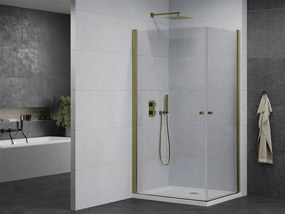 Mexen Pretoria Duo, sprchový kout se 2-křídlými dveřmi 90 (dveře) x 80 (dveře) cm, 6mm čiré sklo, zlatý profil + sprchová vanička, 852-090-080-50-02-4010G