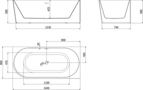 Mexen Mia, volně stojící rohová vana pravá 160 x 80 cm, bílá, přepad broušený grafit, 52691608000P-66