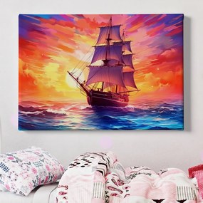Obraz na plátně - Velká plachetnice na moři při západu slunce FeelHappy.cz Velikost obrazu: 150 x 100 cm