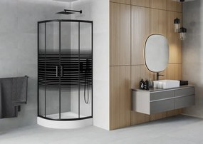 Mexen Rio, čtvrtkruhový sprchový kout s posuvnými dveřmi 90 (dveře) x 90 (dveře) x 190 cm, 5mm čiré sklo s pásky, černý profil + Rio sprchová vanička bílá, 863-090-090-70-20-4710