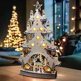 SOLIGHT LED dřevěný vánoční stromek s dekoracemi, 23x LED, přírodní barva, 64cm, 2x AA