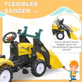 HOMCOM Šlapací traktor s přívěsem, šlapací vozidlo s lopatou, dětské vozidlo traktor pro děti od 3 let, žlutý | Aosom