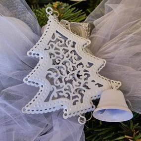 Vánoční ozdoba na stromeček kovový stromeček, 10 × 8,5 cm, se zvonečkem 3 cm