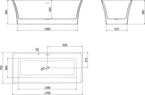 Mexen Tonia, volně stojící vana 170 x 75 cm, bílá, černý matný přepad, 52171707500-70