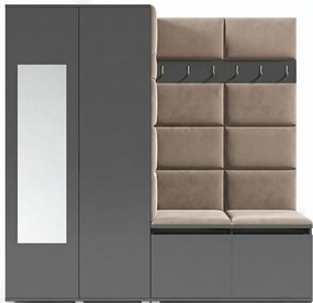 Předsíňová stěna Trinity 8 s čalouněnými panely, 190 cm, grafit/ tmavě krémová