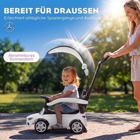 AIYAPLAY 3-v-1 jezdící auto s tlačnou tyčí Mercedes-Benz jezdící vozidlo s volantu, klaksonem, hudbou, střechou, úložným prostorem pod sedadlem, bílé