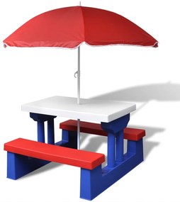 vidaXL Dětský piknikový stůl, lavičky a slunečník vícebarevný