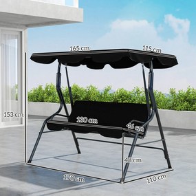 Outsunny 3-místná zahradní houpačka s voděodolnou střechou, nastavitelnými sedáky a opěradlem 1,7 x 1,1 x 1,53 m, ocel a polyester, černá | Aosom