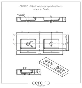 Cerano Dualia, nástěnné dvojumyvadlo z litého mramoru 133x45 cm, černá matná, CER-CER WA08-1