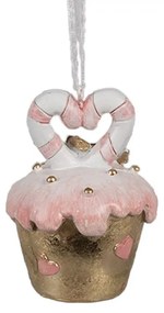 Růžová vánoční ozdoba zlatý dortík Cupcake s růžovou polevou – 5x6 cm