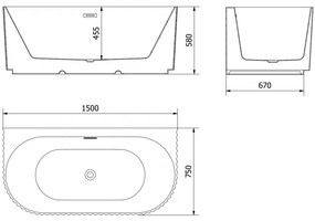 Mexen Sella, volně stojící vana ke stěně, drážkovaná, 150 x 75 cm, bílá matná, měděná matná, 52711507501-65