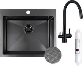Laveo Malawi, 1-komorový nerezový dřez 580x500x200 mm s kuchyňskou baterií s připojením na filtr vody, černá, LAV-SLMA710F