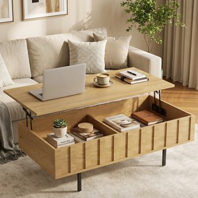 HOMCOM Sklápěcí konferenční stolek se 2 skrytými přihrádkami a žebernými stranami, mid-century-modern styl, 110x55x36,5 cm, dub