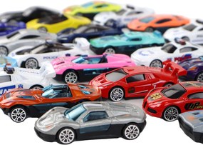 LEAN Toys Sada hliníkových pružinových autíček v krabičce, 30 ks, sportovní a policejní autíčka
