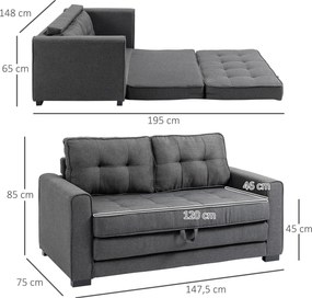 HOMCOM Rozkládací pohovka 2místná, rozkládací pohovka s funkcí spaní, lněný dotek, kaučukové dřevo, šedá, 147.5x75x85cm| Aosom